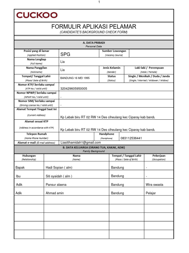 Formulir Aplikasi Pelamar | PDF