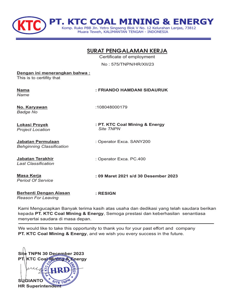 Pt. KTC Coal Mining & Energy: Surat Pengalaman Kerja | PDF
