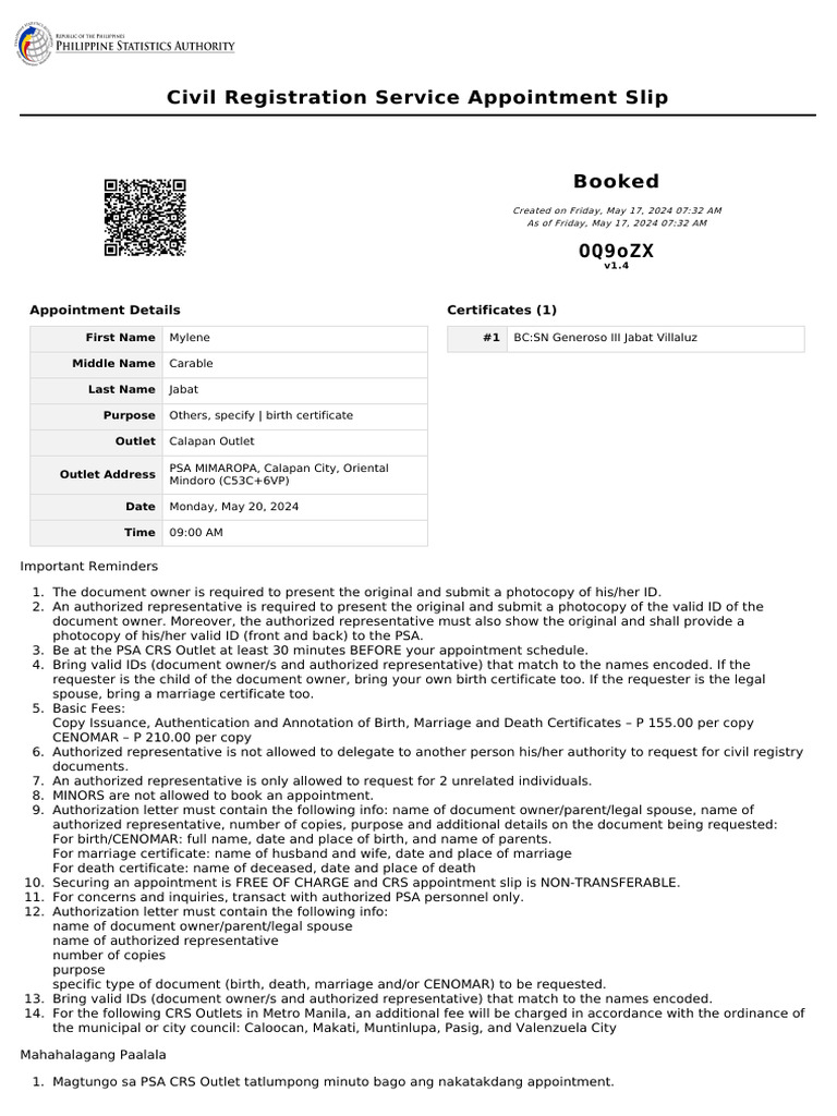 Civil Registration Service Appointment Slip | PDF | Birth Certificate ...