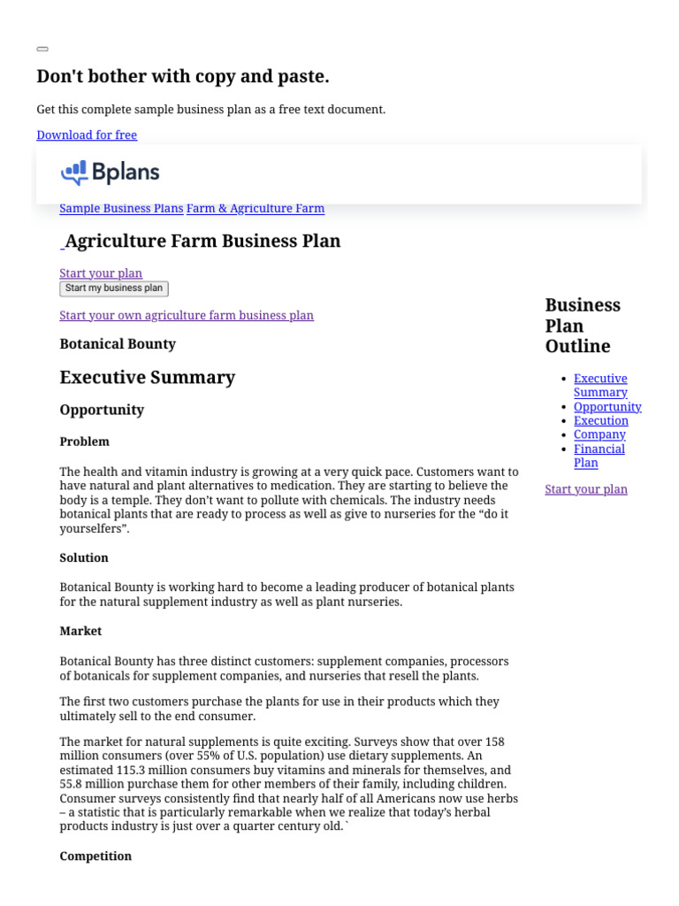 Agriculture Farm Business Plan Example - Bplans | PDF | Expense ...