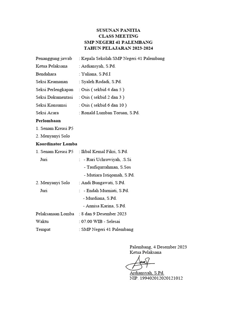 Susunan Panitia Class Meeting | PDF