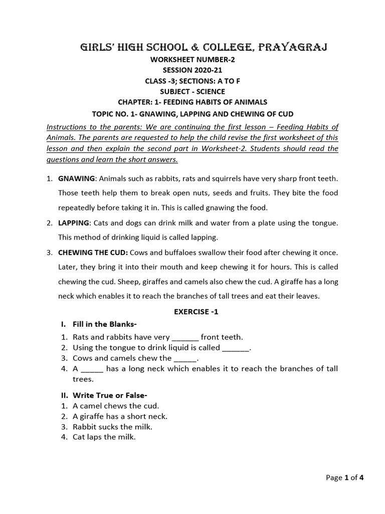 Class 3 Science Worksheet 2 | PDF | Foods | Goat
