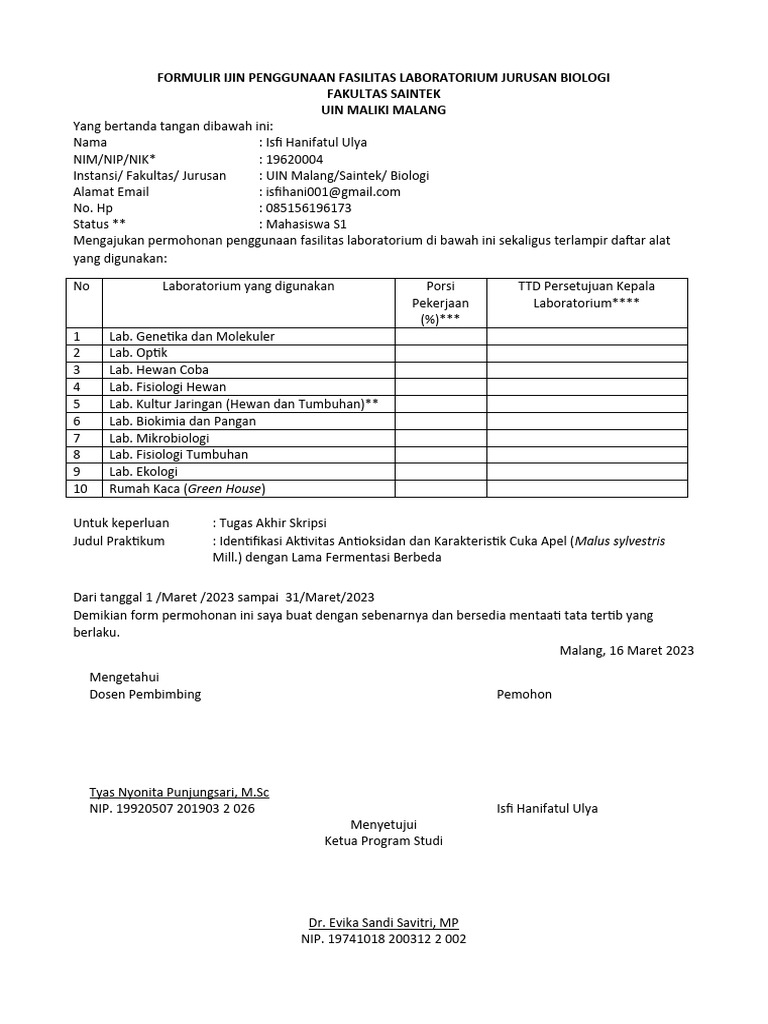 Formulir Ijin Penggunaan Fasilitas Laboratorium Jurusan Biologi | PDF ...