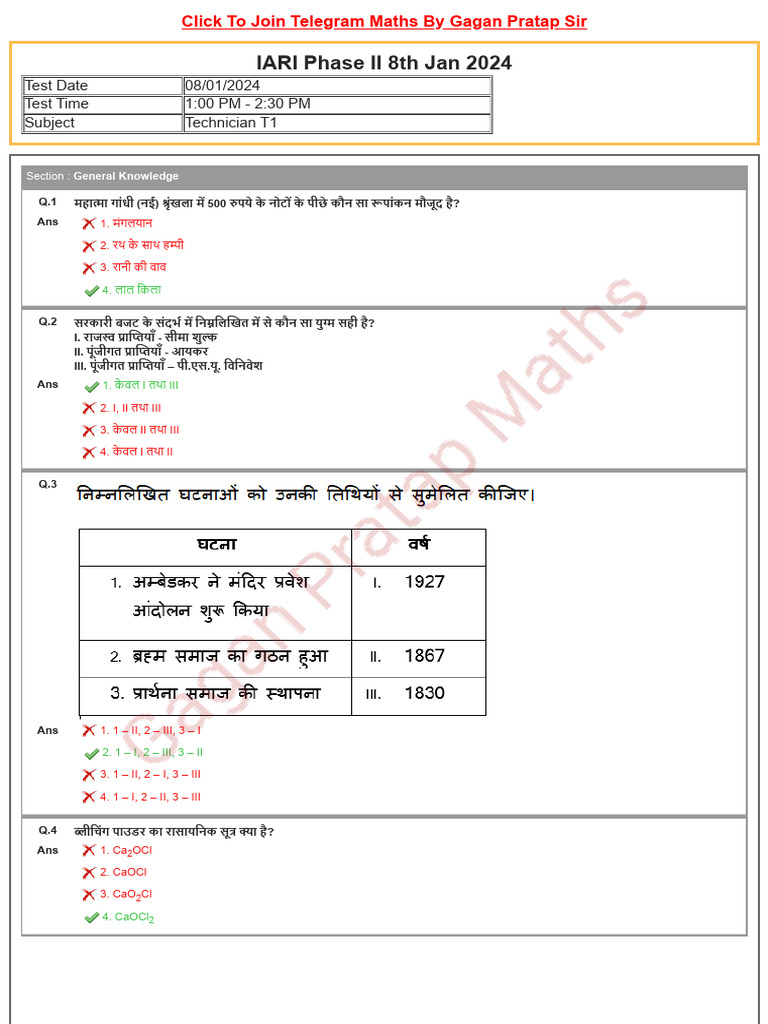 IARI Phase II 8th Jan 2024: Test Date 08/01/2024 Test Time 1:00 PM - 2: ...