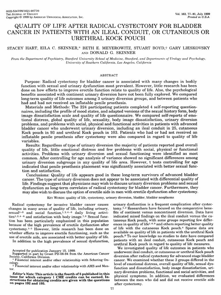Quality of Life After Radical Cystectomy For Bladder Cancer in Patients ...