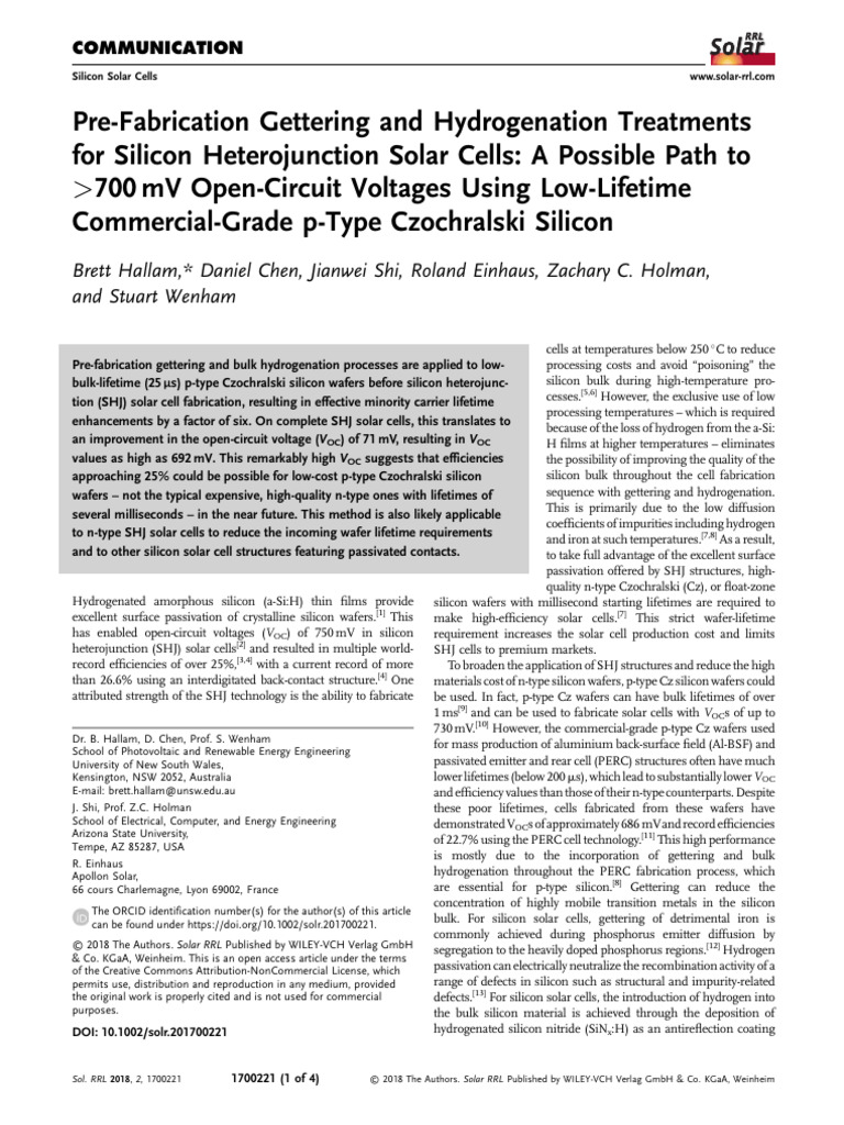 Solar RRL - 2018 - Hallam - Pre Fabrication Gettering and Hydrogenation ...