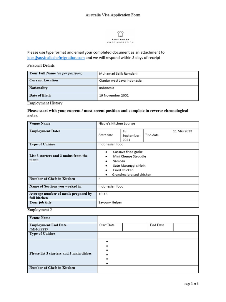 Visa Application Form | PDF | Chef | Indonesian Cuisine