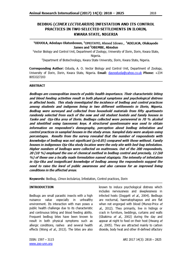 Bedbug Cimex Lectularius Infestation and | PDF