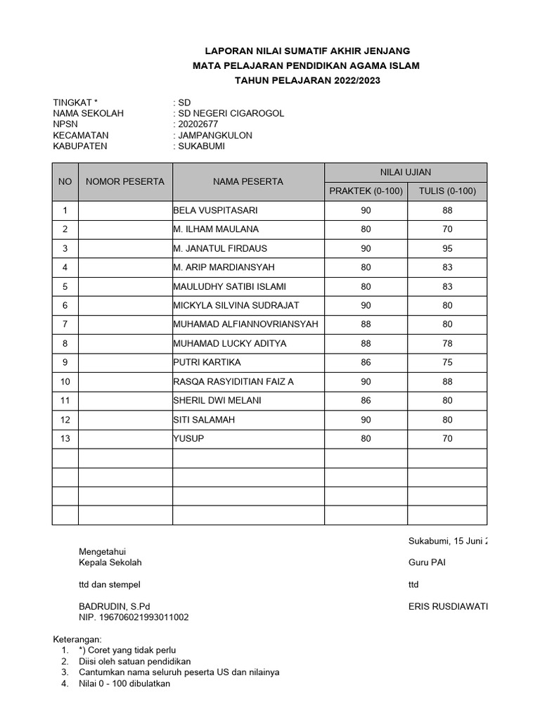 Form Laporan Nilai SAJ - US PAI Kab. Sukabumi 2023 | PDF