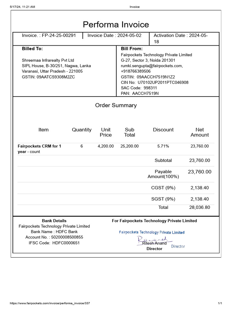 Performa Invoice for Fairpockets CRM | PDF | Invoice | Business Documents