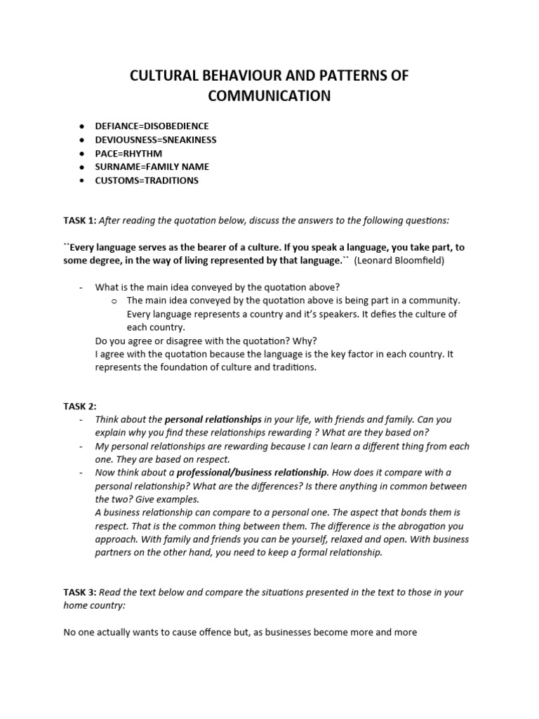 S3-Cultural Behaviour and Patterns of Communication | PDF | Communication | Behavior