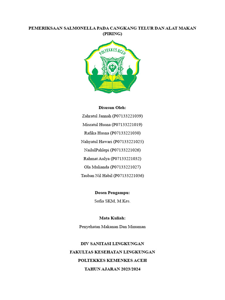 Pemeriksaan Salmonella Pada Cangkang Telur Dan Alat Makan | PDF