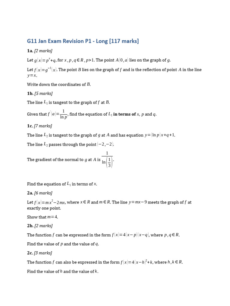 G11 Jan Exam Revision P1 - Long | PDF | Asymptote | Tangent