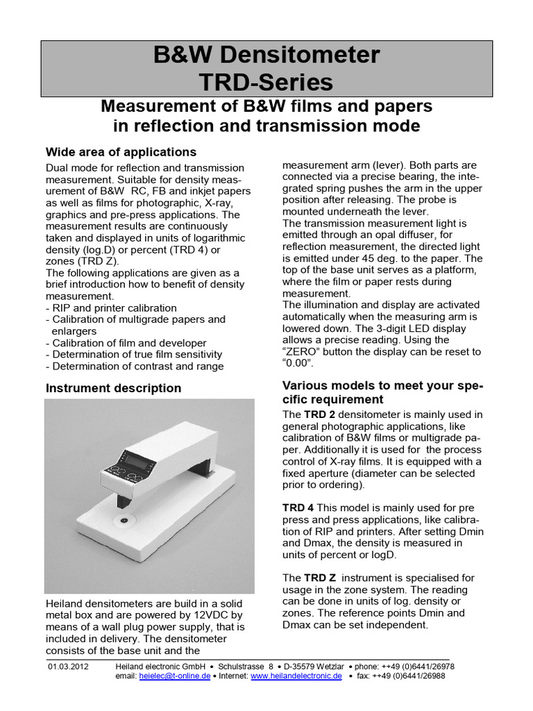 Densitometer TRD Brochure | PDF | Aperture | Calibration