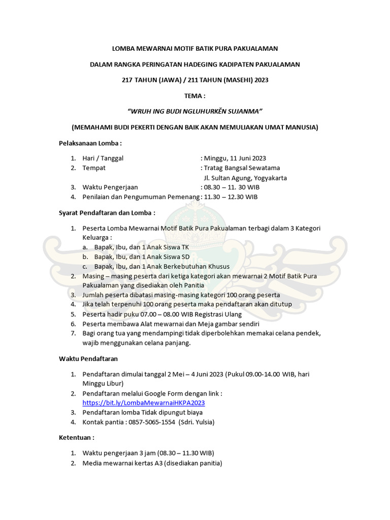 Juklis Lomba Mewarnai Motif Batik Pura Pakualaman | PDF