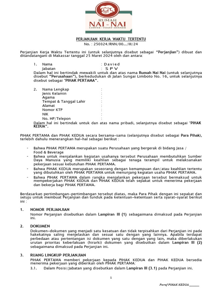 Contoh PKWT New | PDF | Pengelolaan Keuangan & Uang