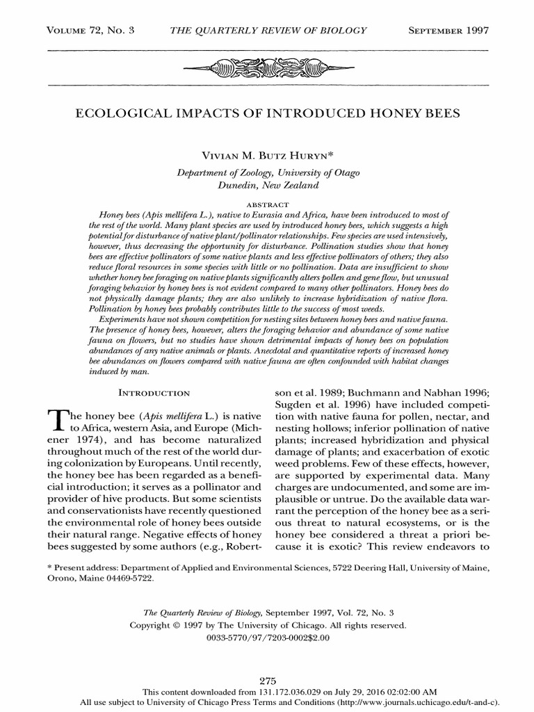 Ecological Impacts of Introduced Honey Bees | PDF | Pollination | Honey Bee
