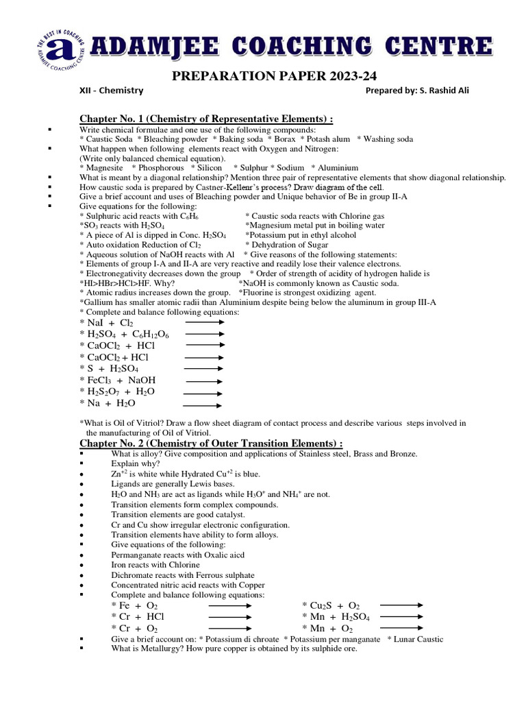 XII Prep. Chem 2023 24 | PDF | Aldehyde | Aluminium
