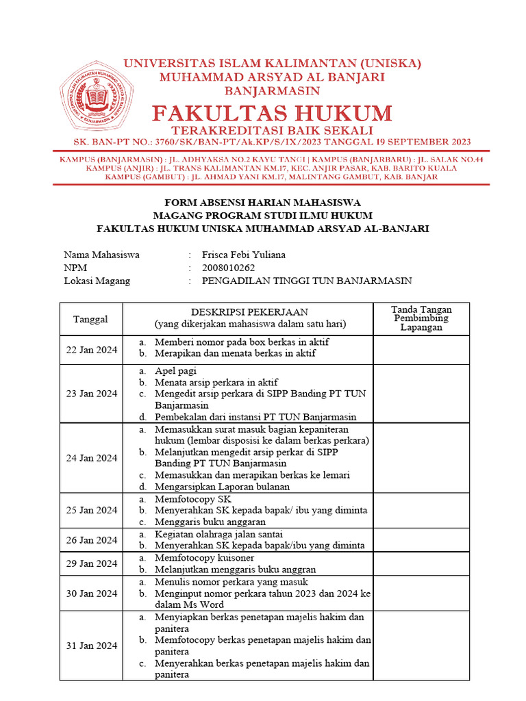 Form Absensi Magang 2024 | PDF