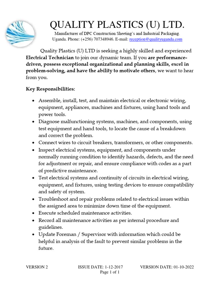 Advert for Electrical Technician | PDF | Electrician | Engineering