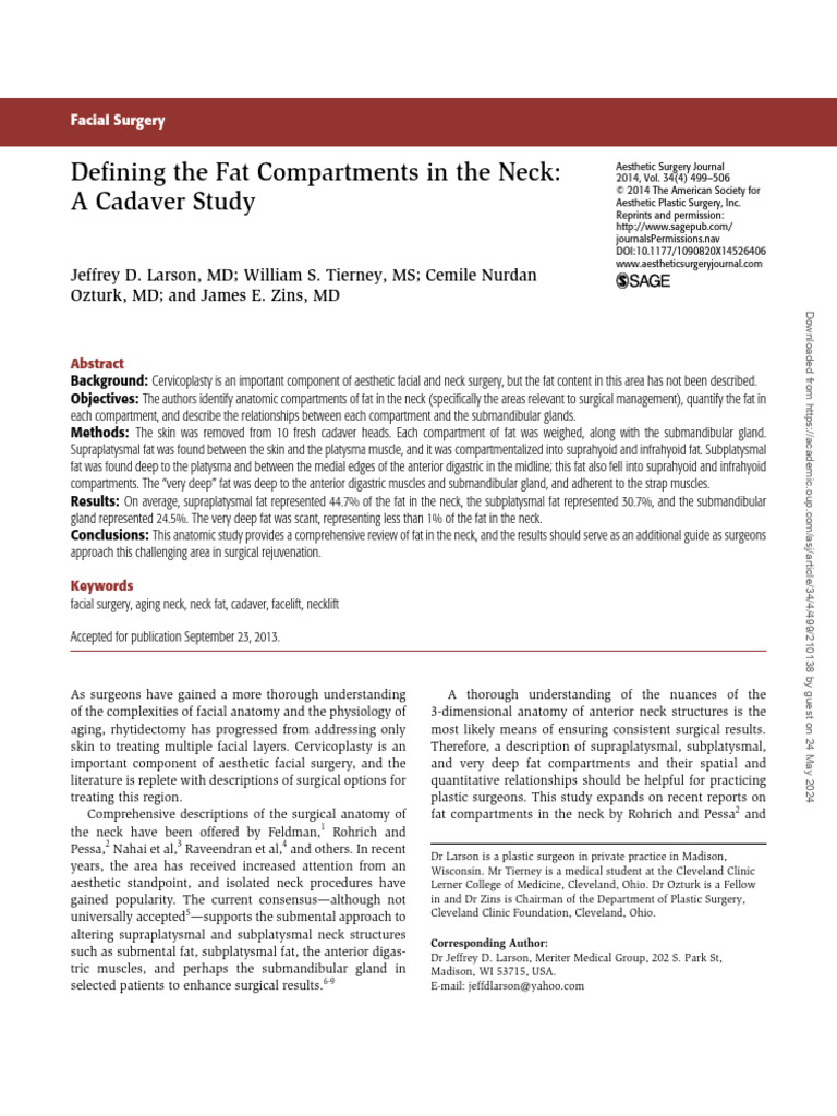 Defining The Fat Compartments in The Neck: A Cadaver Study | PDF | Neck ...