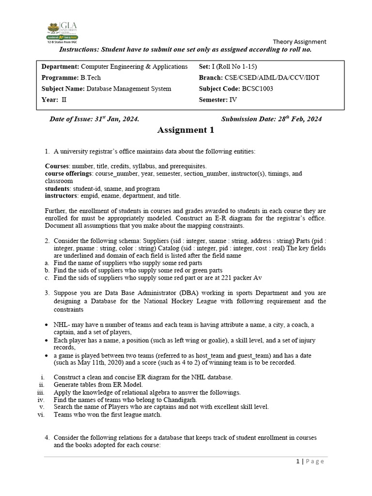Assignment-1 DBMS BCSC1003 EVEN | PDF | Relational Model | Computer Data
