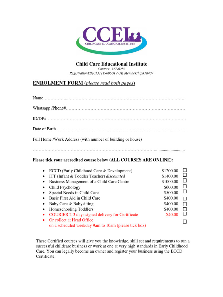 Accredited Courses Enrollment Form | PDF | Child Care | Banks