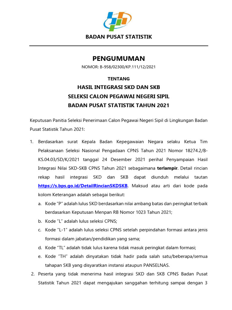 B 958 02300 KP.111 12 2021 Pengumuman Hasil Integrasi SKD SKB CPNS BPS 2021 | PDF