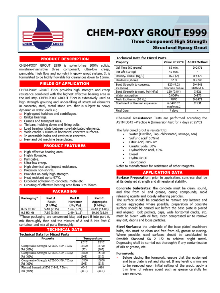 Chem Poxy Grout E999 Tds Am22319 | PDF | Concrete | Strength Of Materials