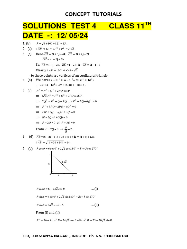 Class 11 Solutions Test 4 Guide | PDF | Area | Elementary Geometry
