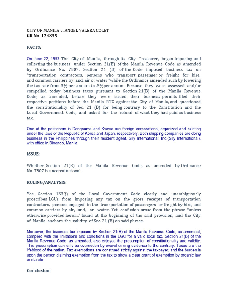 City of Manila v. Colet, GR 124855 | PDF | Taxes | Government Finances