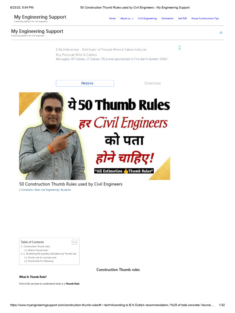 50 Construction Thumb Rules Used by Civil Engineers - My Engineering Support | Download Free PDF ...