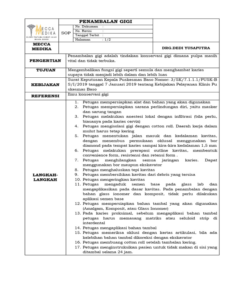 Sop Penambalan Gigi | PDF