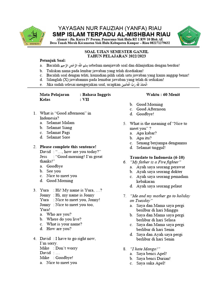 Soal Ujian Bahasa Inggris Kelas VII | PDF | Languages Of Southeast Asia ...