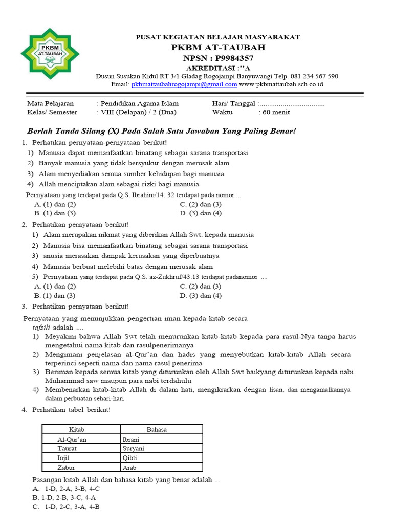 Soal Pai Kelas 8 SMR 2 | PDF | Kajian Bahasa Asing