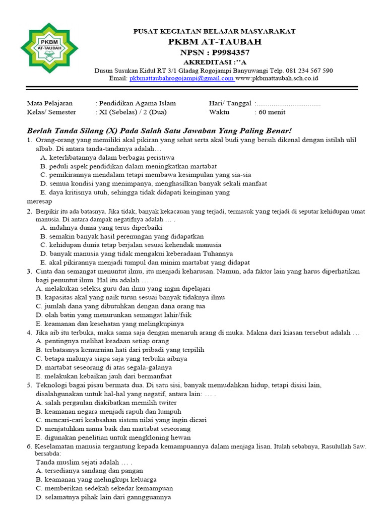 Soal Pai Kelas 11 SMR 2 | PDF