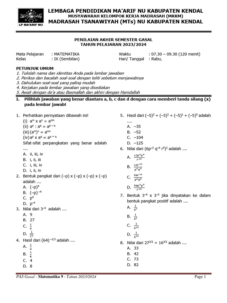 Soal PAS - MTK - Kelas 9 - Ganjil 2023-2024 | PDF