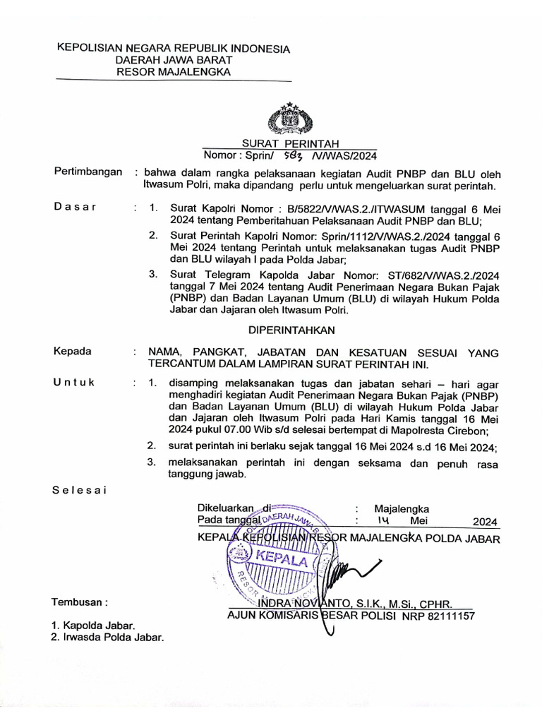 Sprin Audit PNBP Dan Blu Oleh Itwasum Polri | PDF