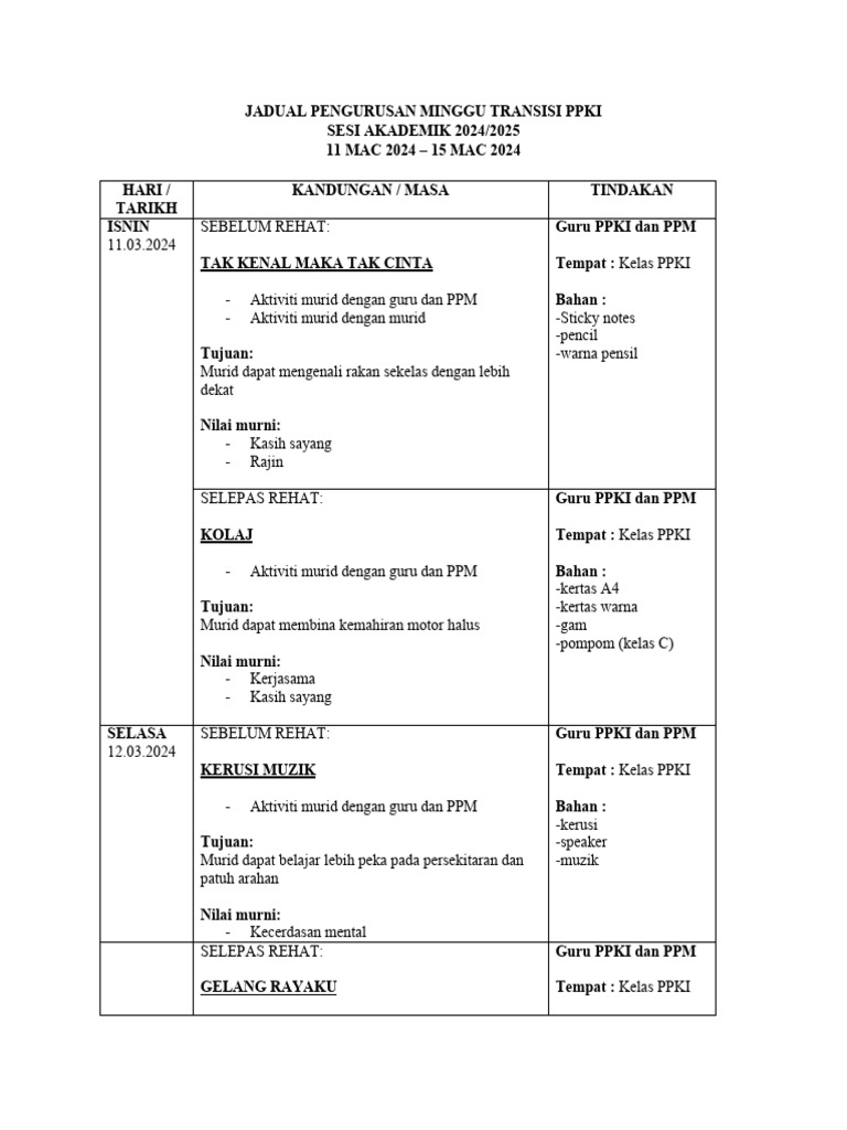 Jadual Program Pengurusan Minggu Pertama Persekolahan Pdf