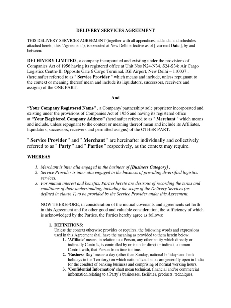 Delivery Services Agreement Template | PDF | Indemnity | Legal Liability