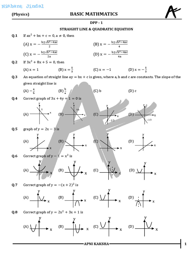 DPP 01 Basic Maths Straight Line & Quadratic Equa NJ247 | PDF | Physics ...
