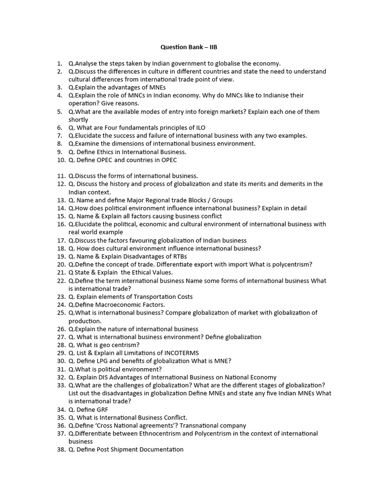 Final Question Bank | PDF | Globalization | Foreign Direct Investment Final Question Bank | PDF | Globalization | Foreign Direct Investment