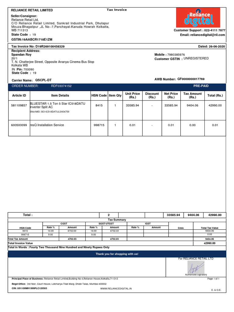Download Reliance Digital Invoice PDF | PDF | Taxes | Government Finances