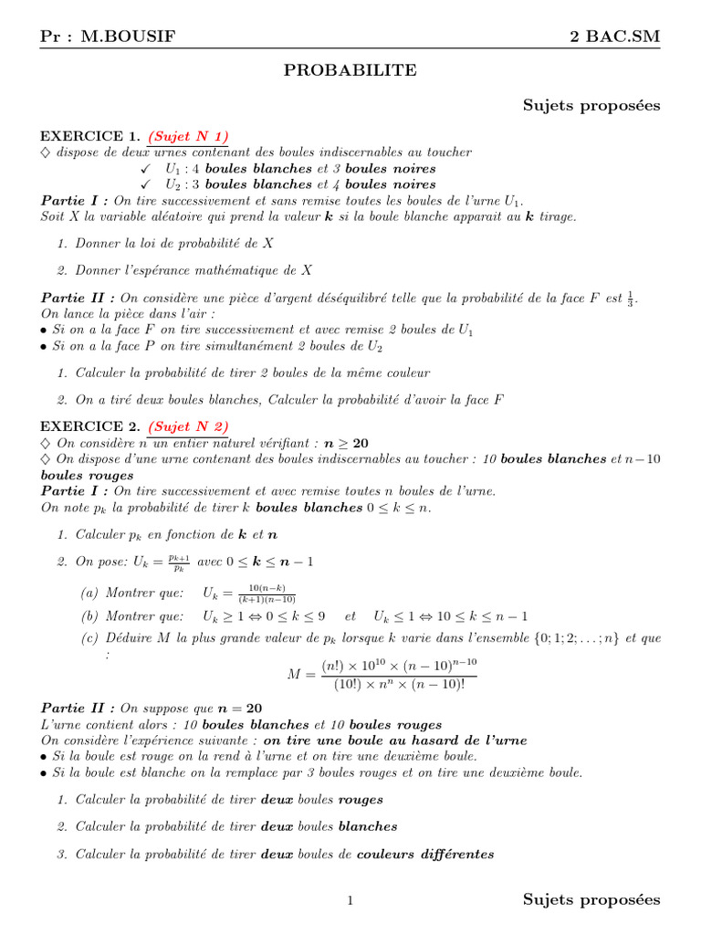 Exercices de Probabilités 2 Bac SM | PDF | Probabilité | Espérance ...