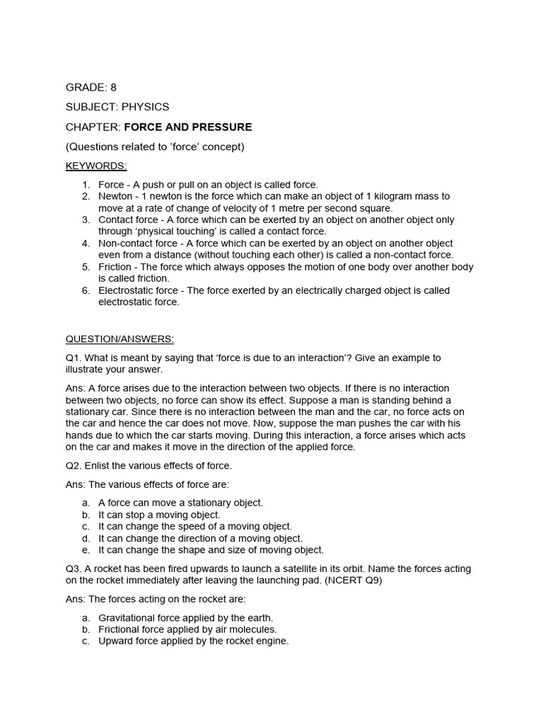 Grade: 8 Subject: Physics Chapter: Force and Pressure (Questions Related To Force' Concept ...