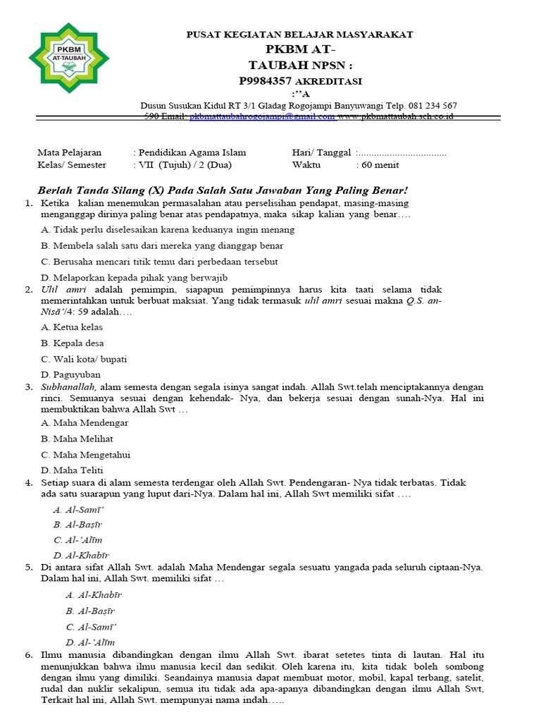 Soal Pai Kelas 7 SMR 2 | PDF