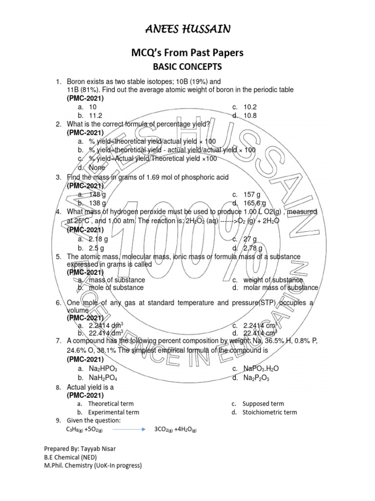 MCQ (Chapter#1 Xi) - 3 | PDF | Mole (Unit) | Molecules