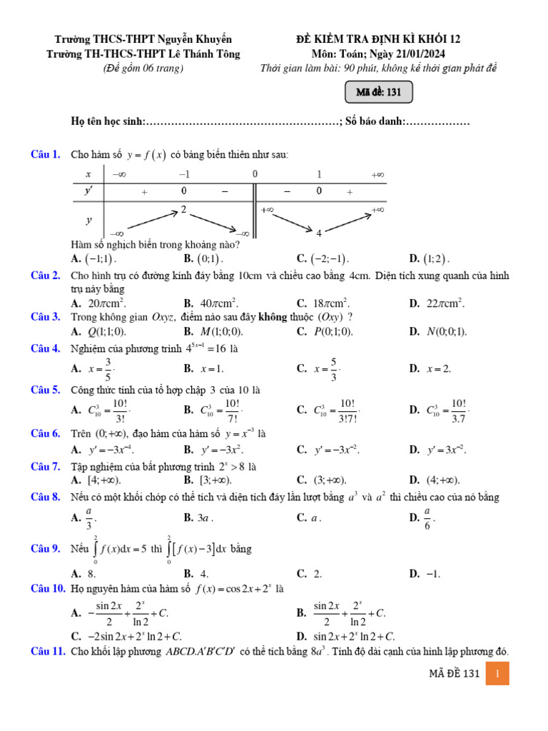 De Kiem Tra Toan 12 Nam 2024 Truong Nguyen Khuyen Le Thanh Tong TP HCM | PDF
