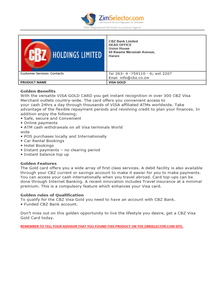 CBZ Visa Gold Card Benefits and Features | PDF | Visa Inc. | Debit Card