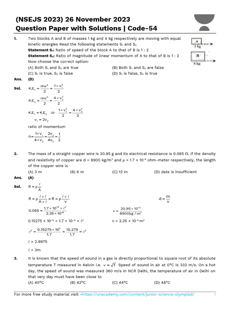 NSEJS Question Paper 2023 With Solution | PDF | Heart Valve | Epithelium